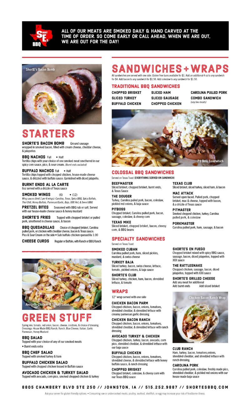 Lunch & Dinner Menu | Des Moines Restaurant | ShortE's BBQ
