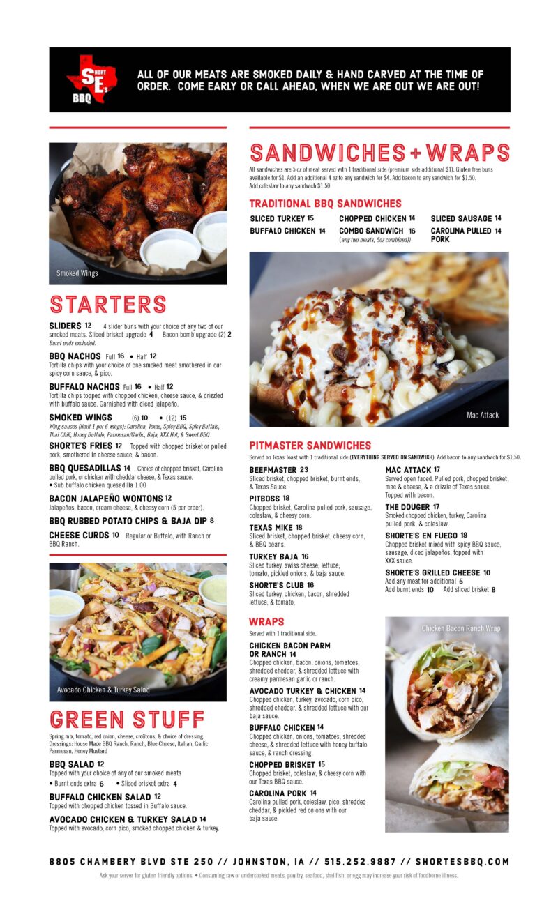 Lunch & Dinner Menu | Des Moines Restaurant | ShortE's BBQ